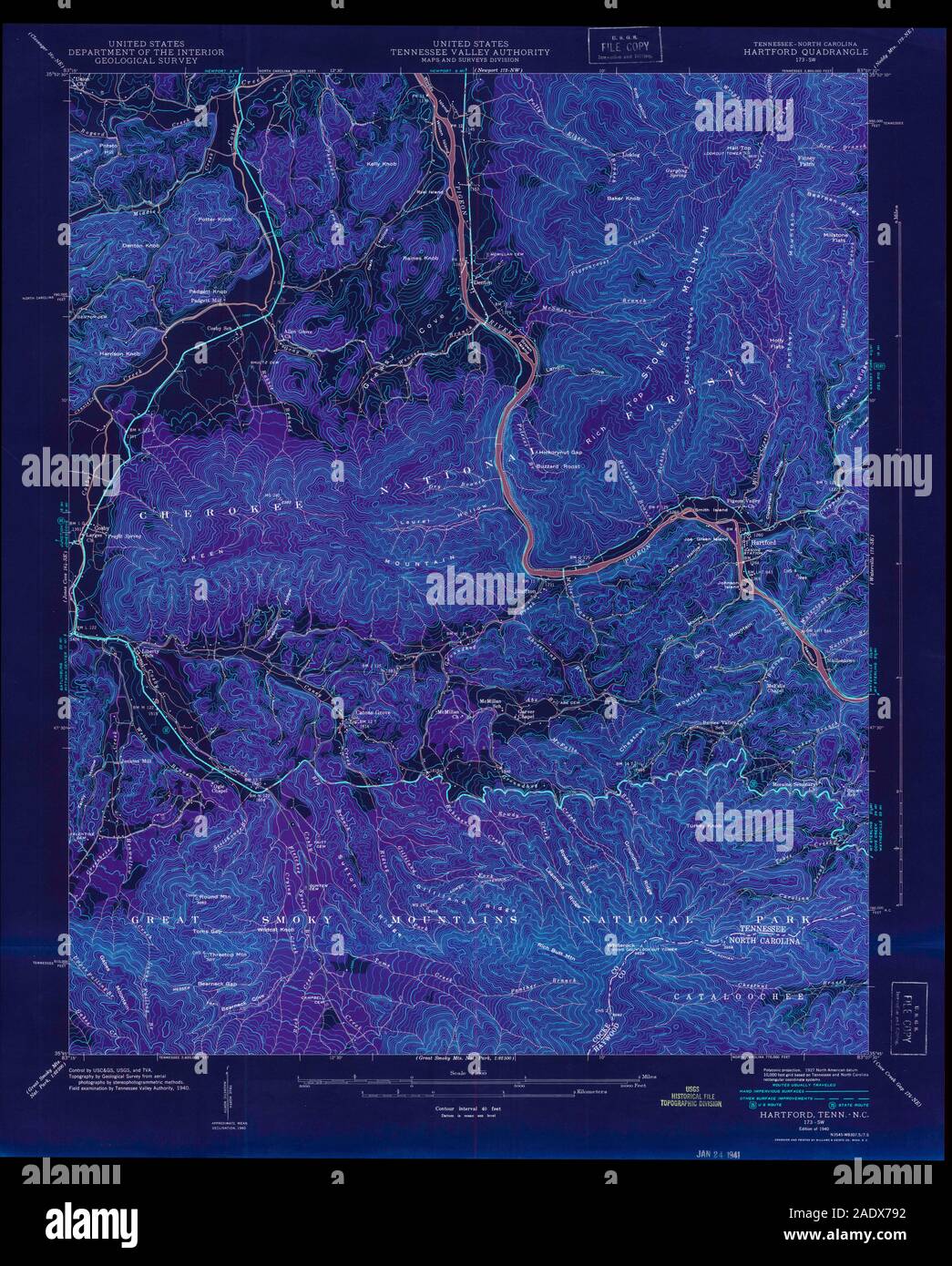 USGS TOPO Map Tennessee TN Hartford 147653 1940 24000 Inverted ...