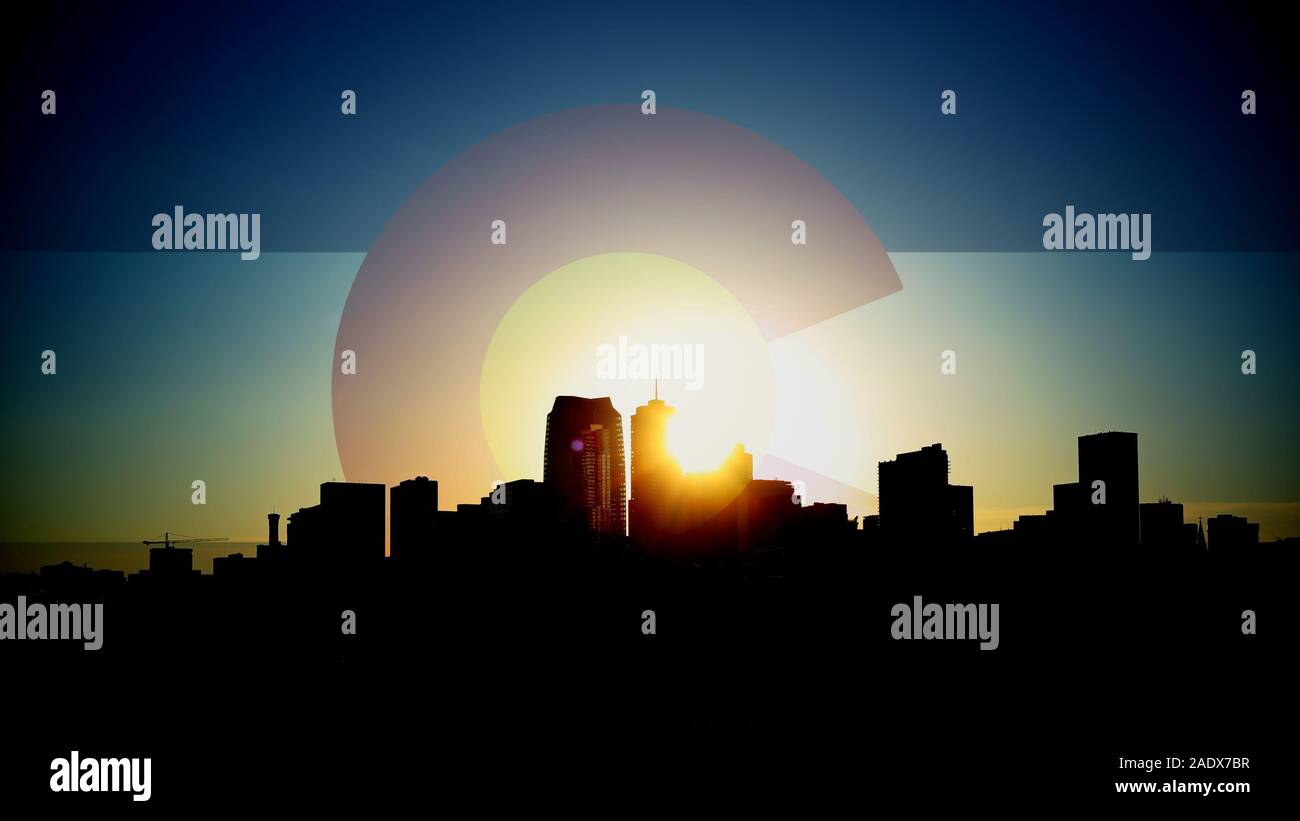 Denver Skyline Bright Sun with Colorado Flag Stock Photo - Alamy