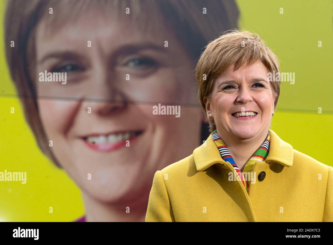 SNP leader Nicola Sturgeon with the SNP campaign bus parked on the ...