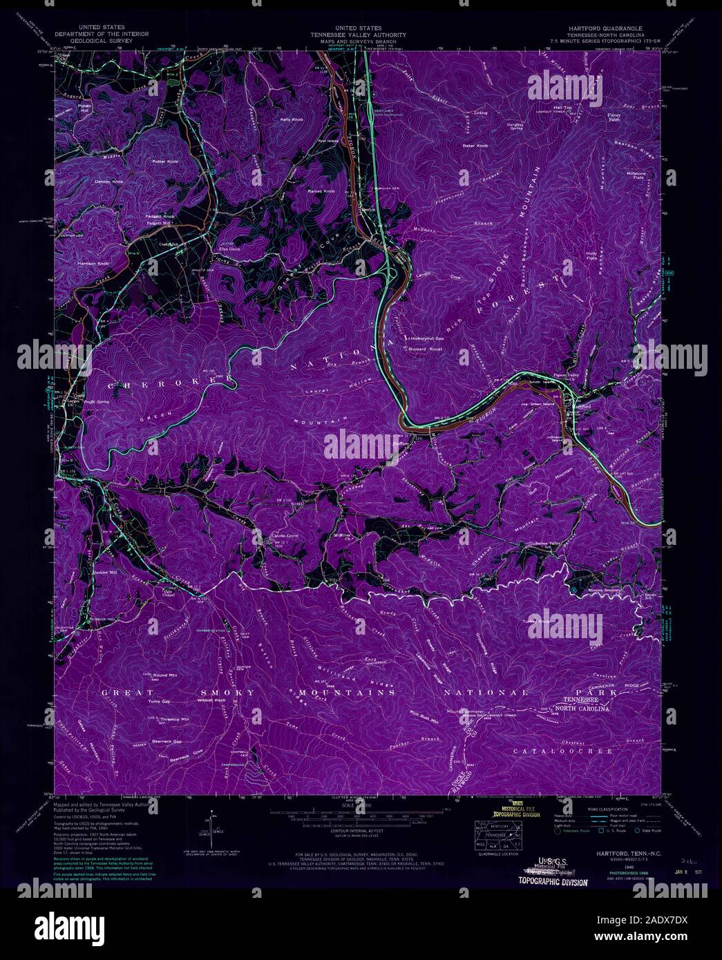 USGS TOPO Map Tennessee TN Hartford 147655 1940 24000 Inverted ...
