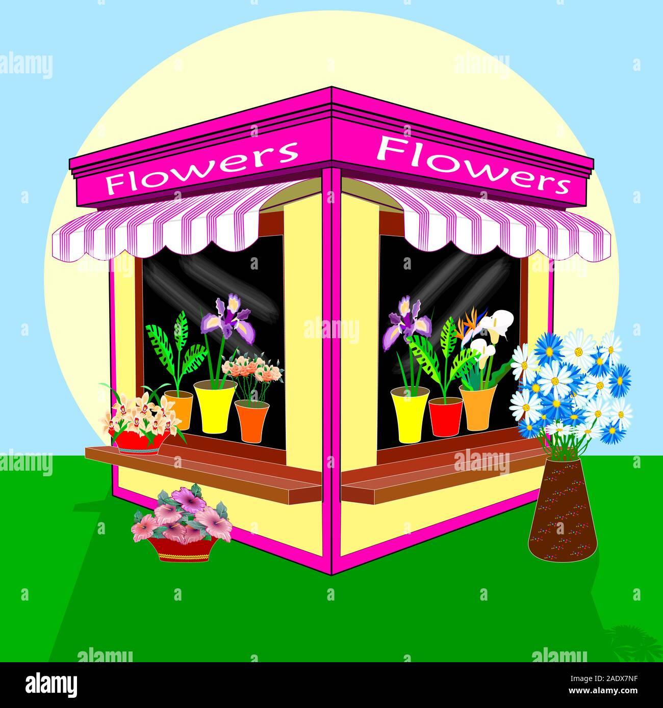 Flat drawing of a kiosk with flowers. Small business. Showcase of ...