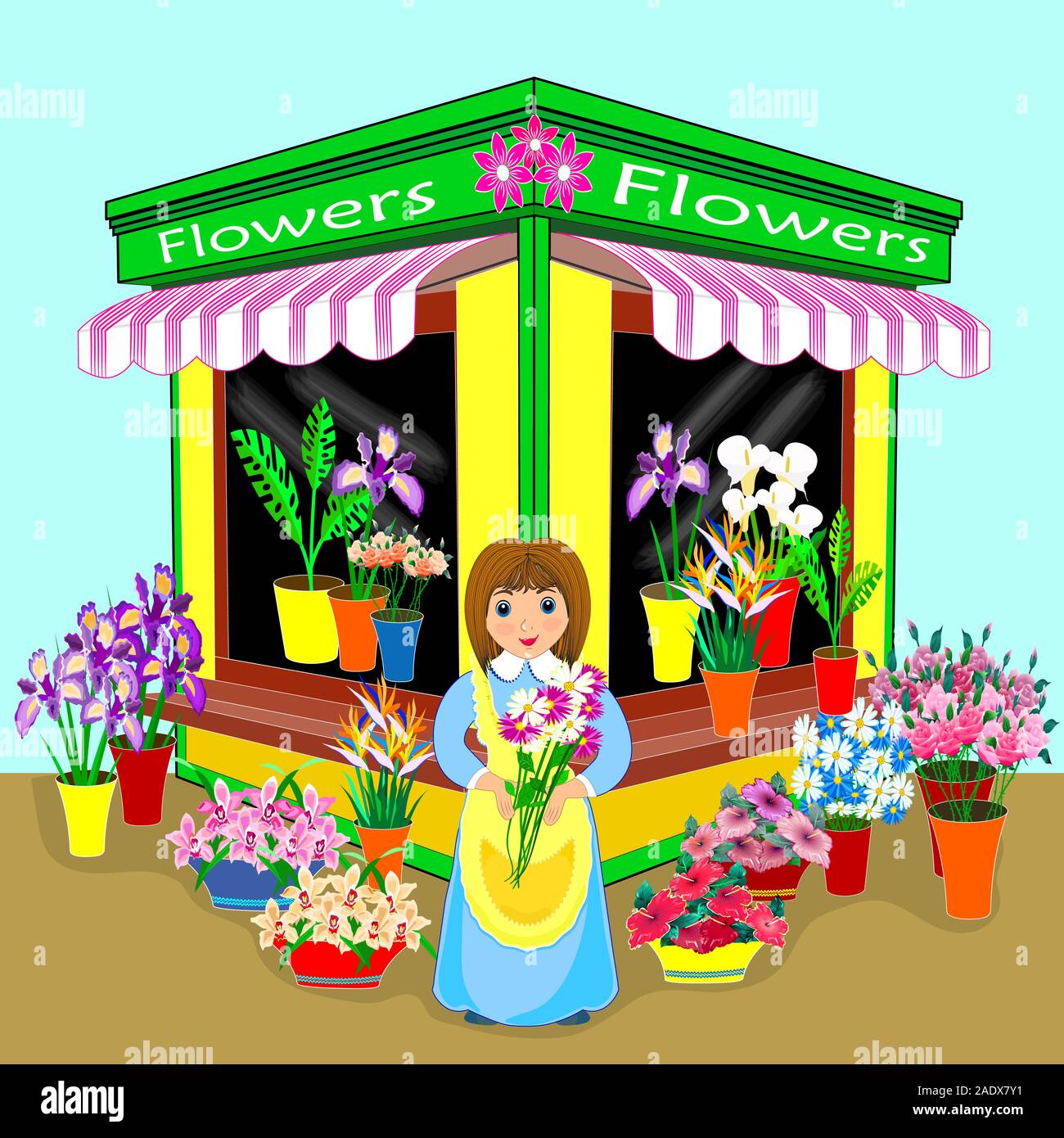 Flat drawing of a kiosk with flowers. Small business. Window with ...