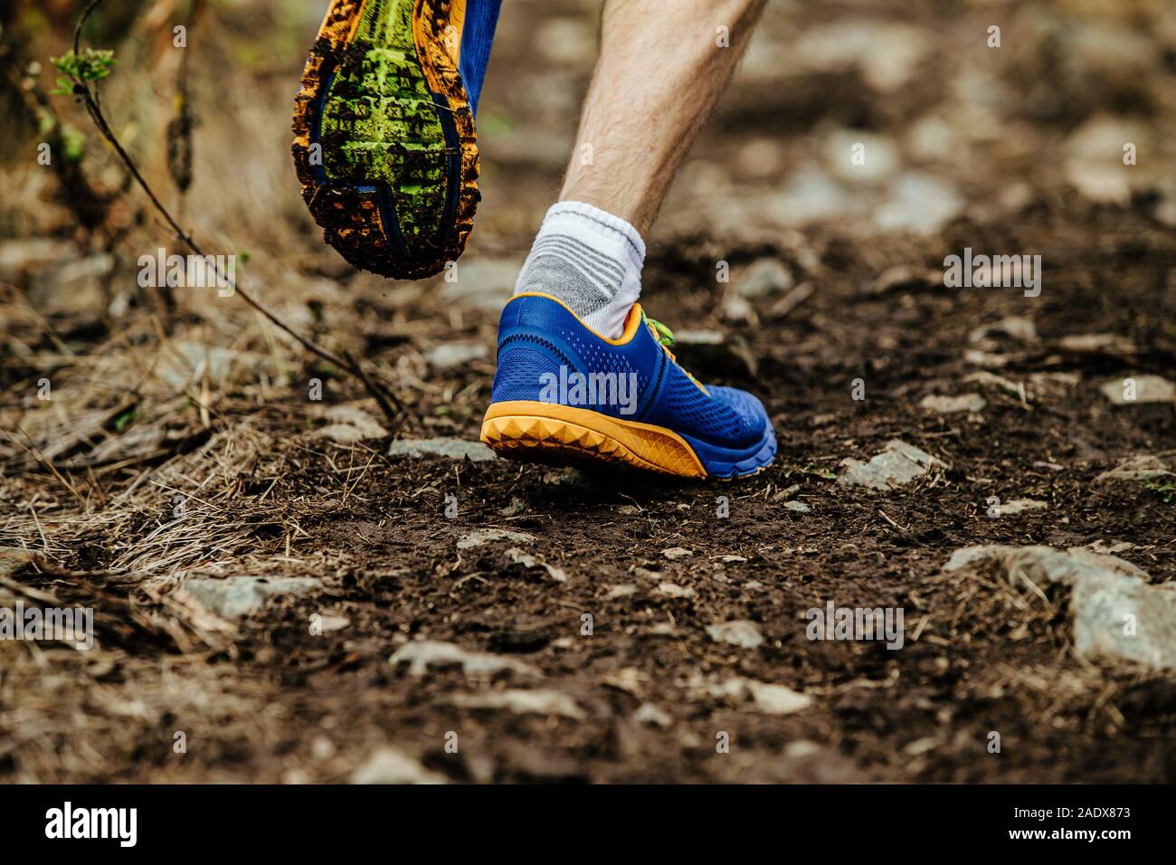 closeup legs running shoes athlete run uphill on muddy trail Stock ...