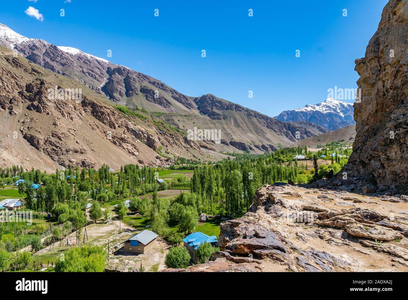 Pamir Highway M41 Bogev Village Gunt River Valley with Snow Capped ...