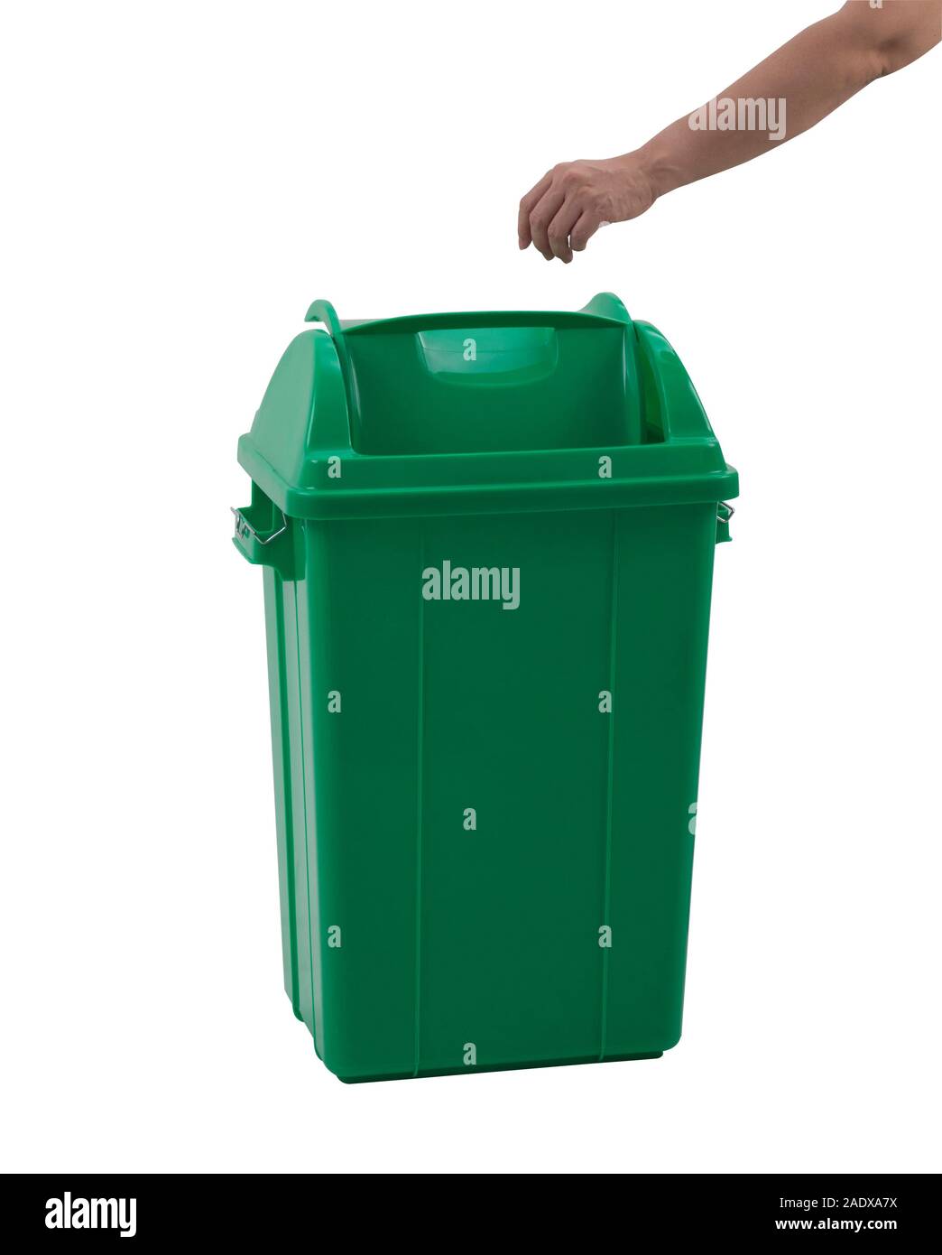 woman hand throwing something into the trash can isolated on white ...