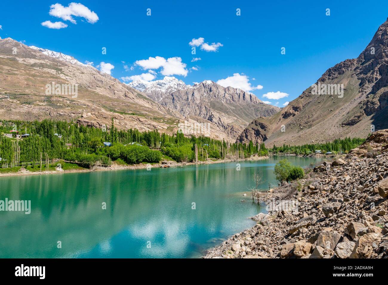 Pamir Highway M41 Bogev Village Gunt River Valley with Snow Capped ...