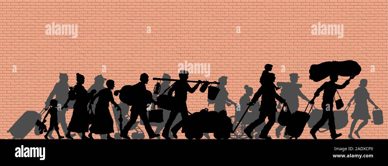Walking refugees silhouette in front of brick Wall. The silhouette ...