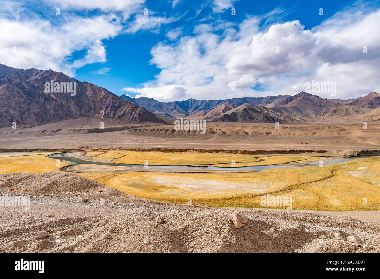 Pamir Highway M41 Murgab River Valley with Picturesque View of Mountain ...