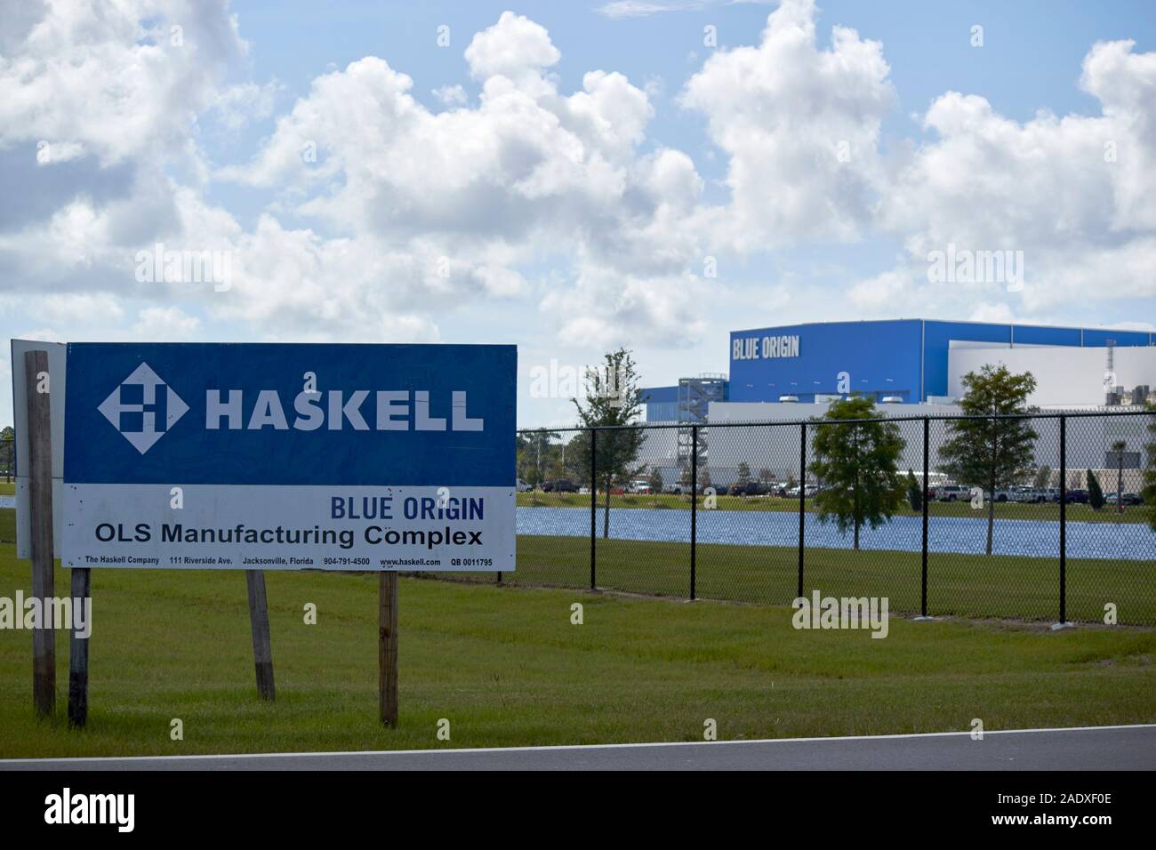 haskell company sign outside blue origin ols manufacturing complex ...
