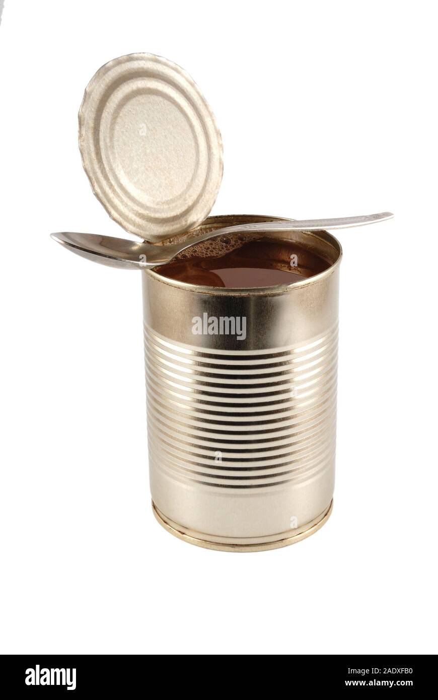 The open metal can on a light grey background Stock Photo - Alamy