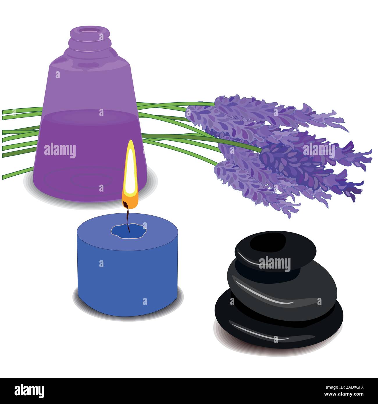 SPA composition, a bottle of lavender essential oil. Lavender flowers ...