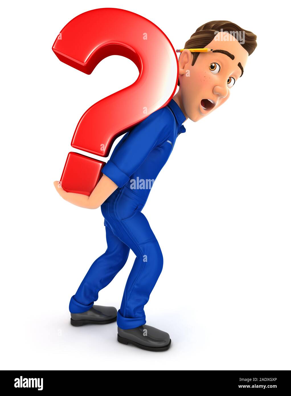 3d mechanic carrying heavy question mark, illustration with isolated ...