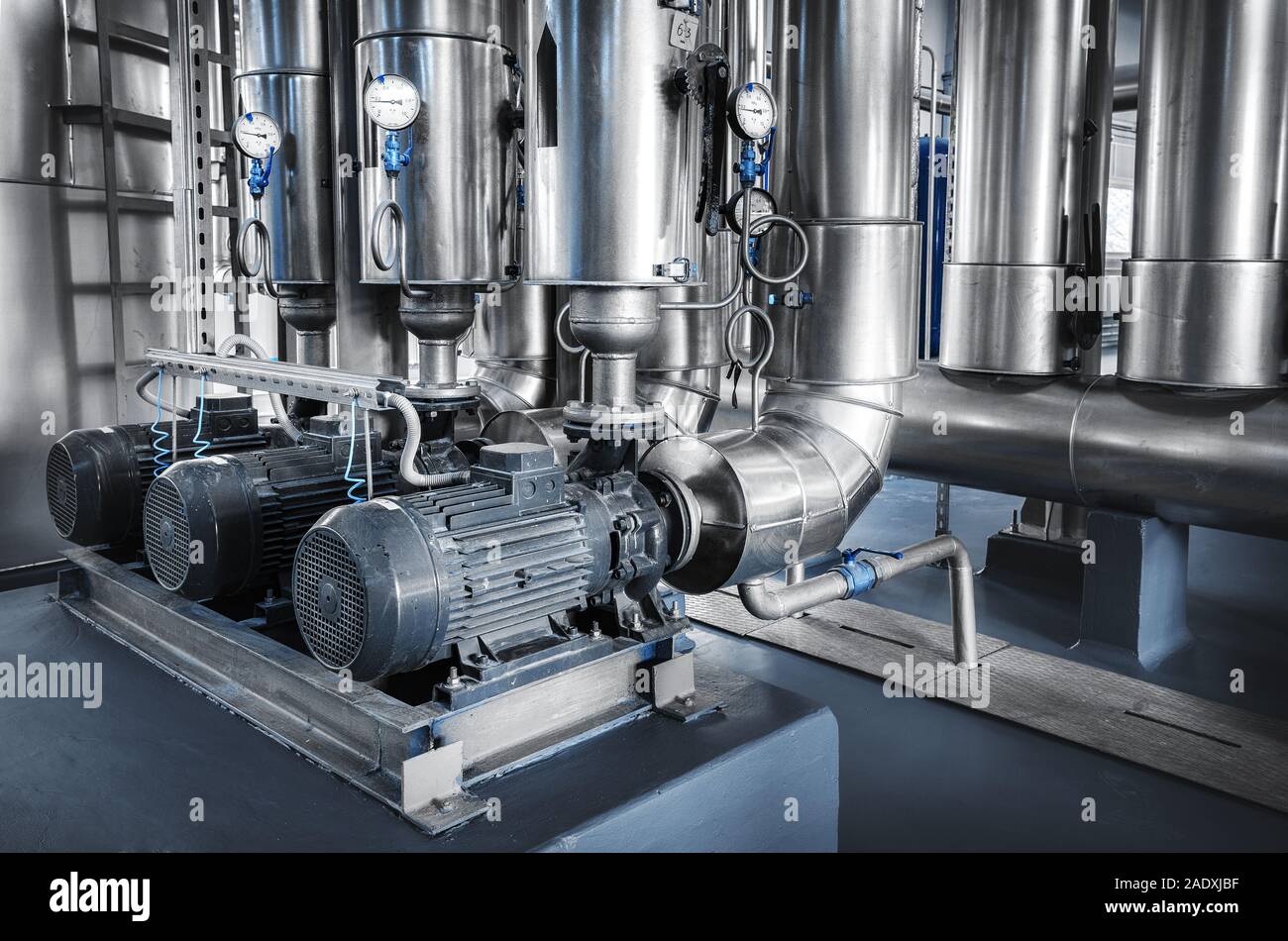 pumps and pipe line supplying steam with pressure gauges installed in ...