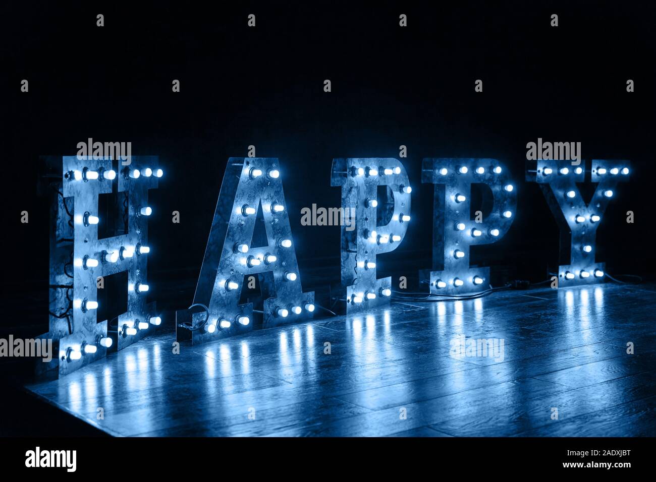 Happy letters word with glowing light retro bulbs colored in trendy ...