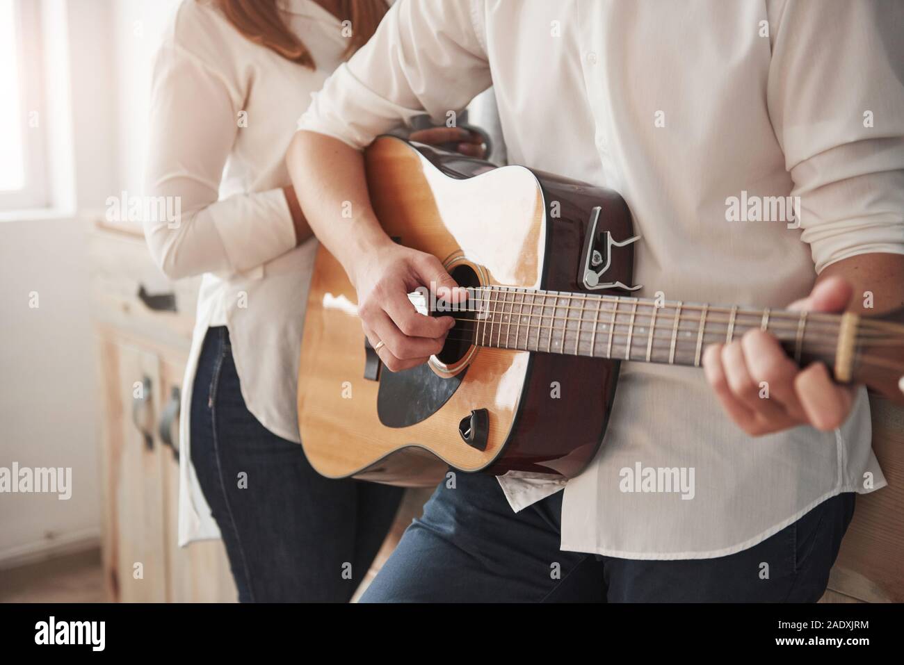 Beautiful instrument. Close up view. Guitarist playing love song for ...