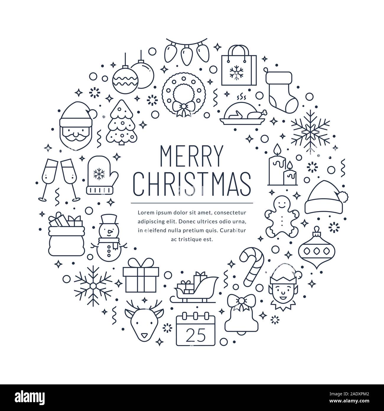 Merry Christmas banner with holiday line icons. White background with ...