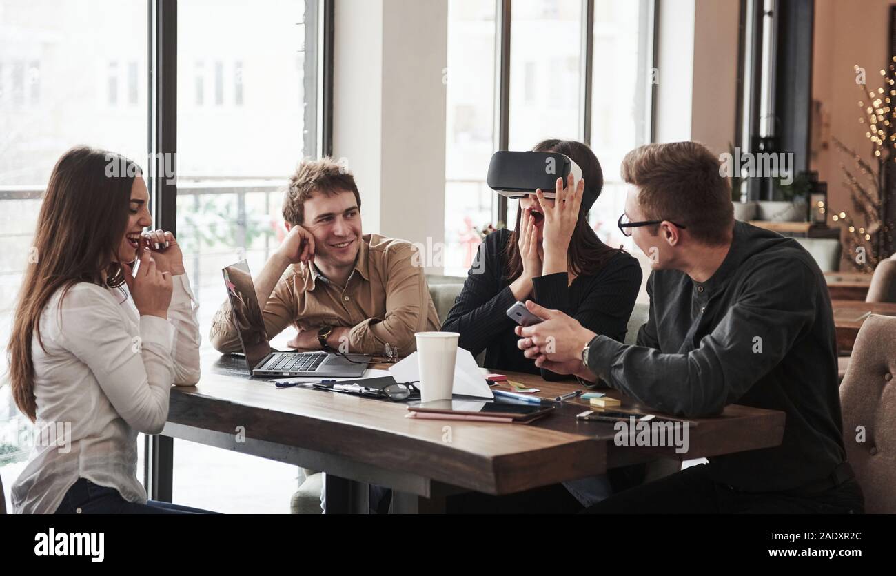 Technologies are great nowadays. Having fun in the office room ...