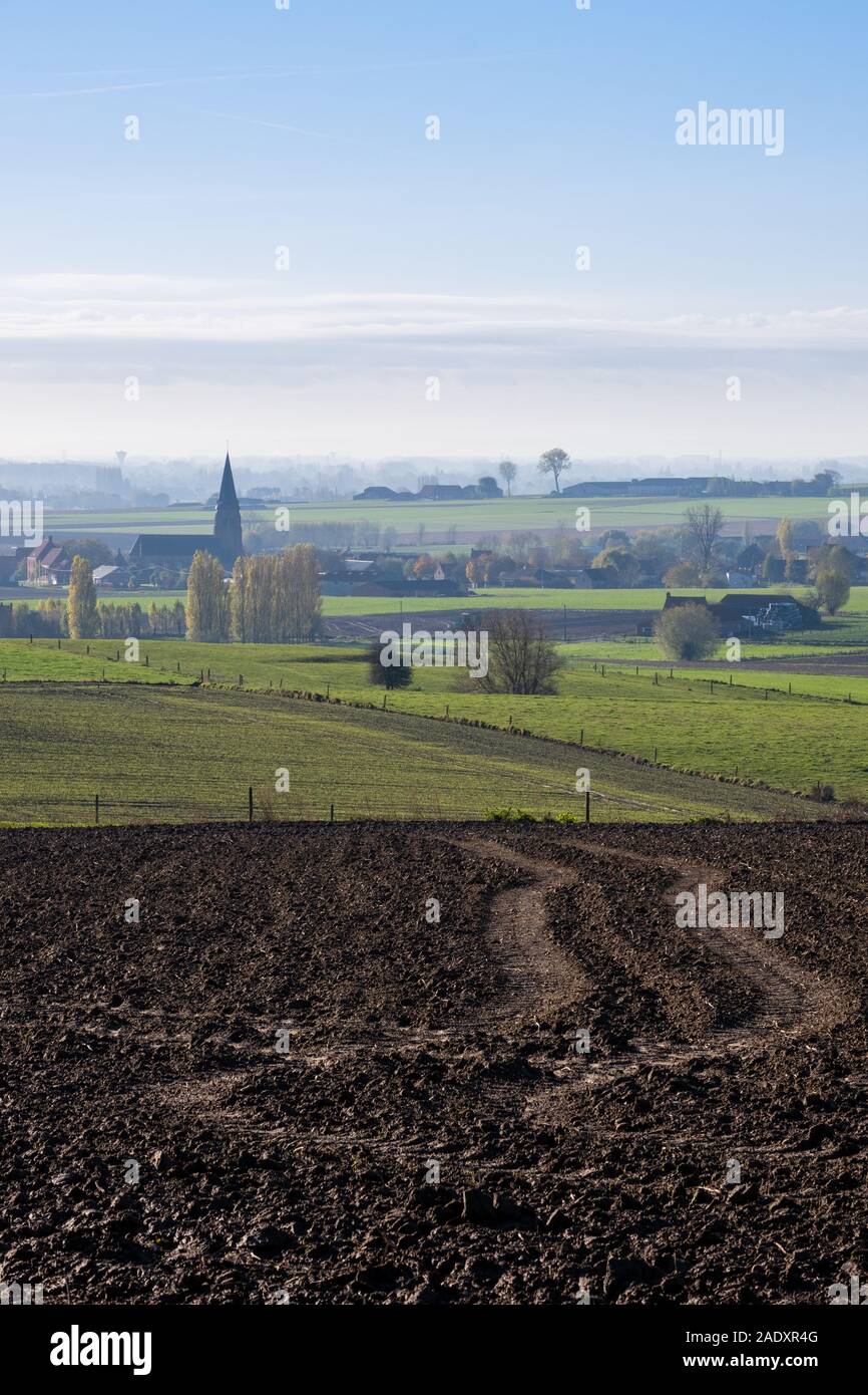 View over former Ypres Salient First World War Battlefield, with church ...