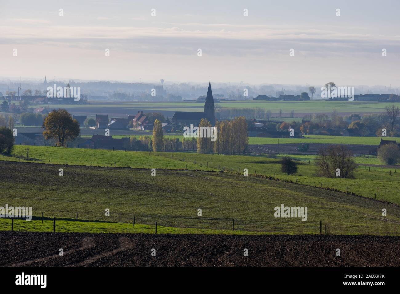 View over former Ypres Salient First World War Battlefield, with church ...