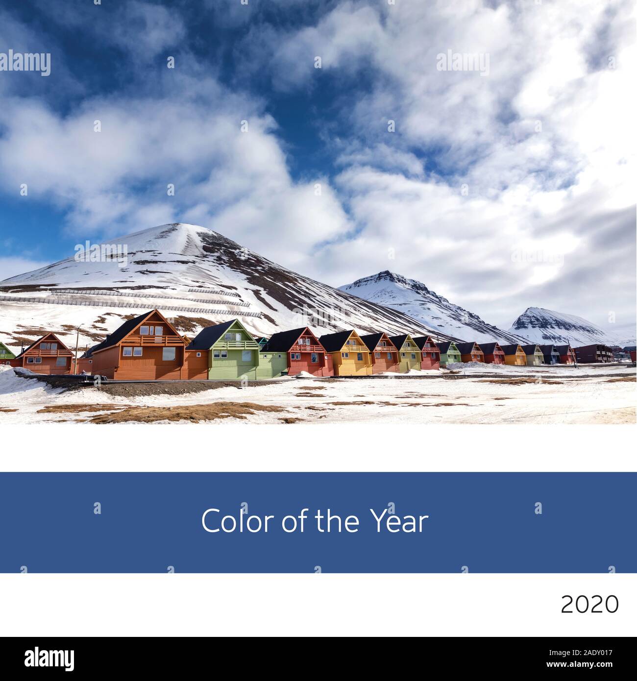 Color of the year 2020. View of the colourful houses of Svalbard with ...