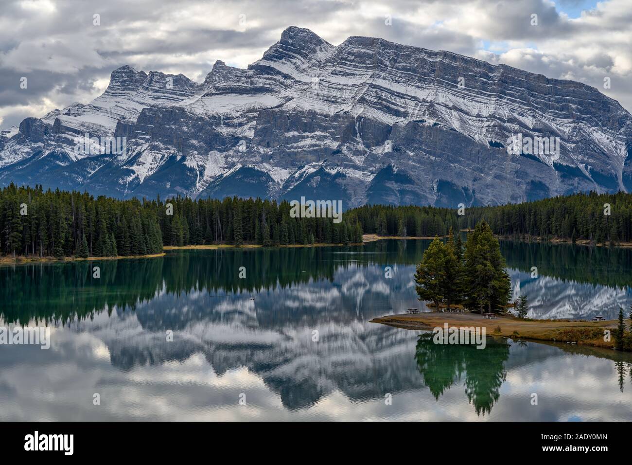The reflecting Mount Rundle and Two Jack Lake in the Banff National ...