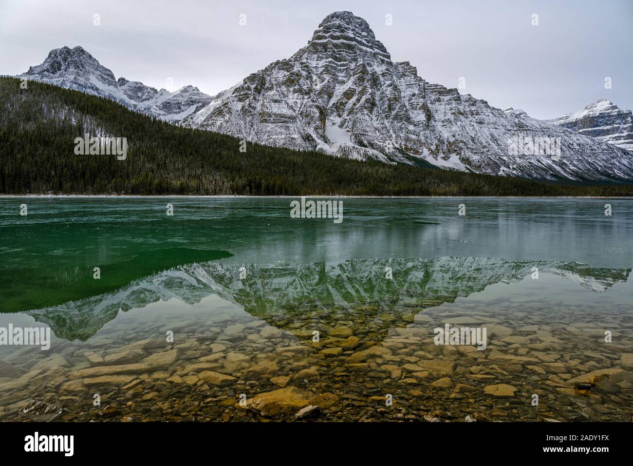 Scenic view of the Waterfowl lakes with the surrounding mountains on ...