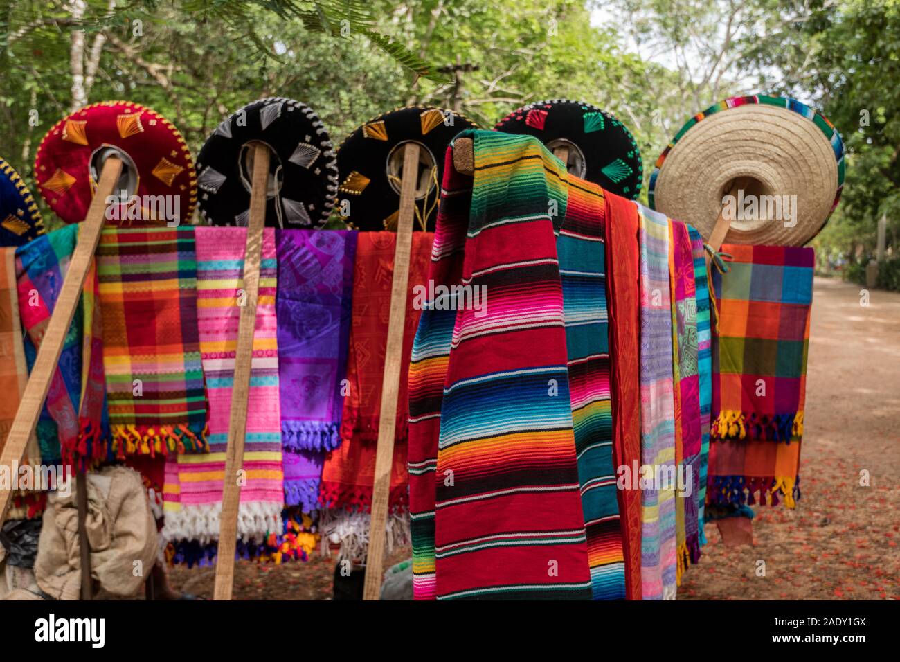 Mexican merchandise of hats and ponchos at Chichen Itza the site of an ...