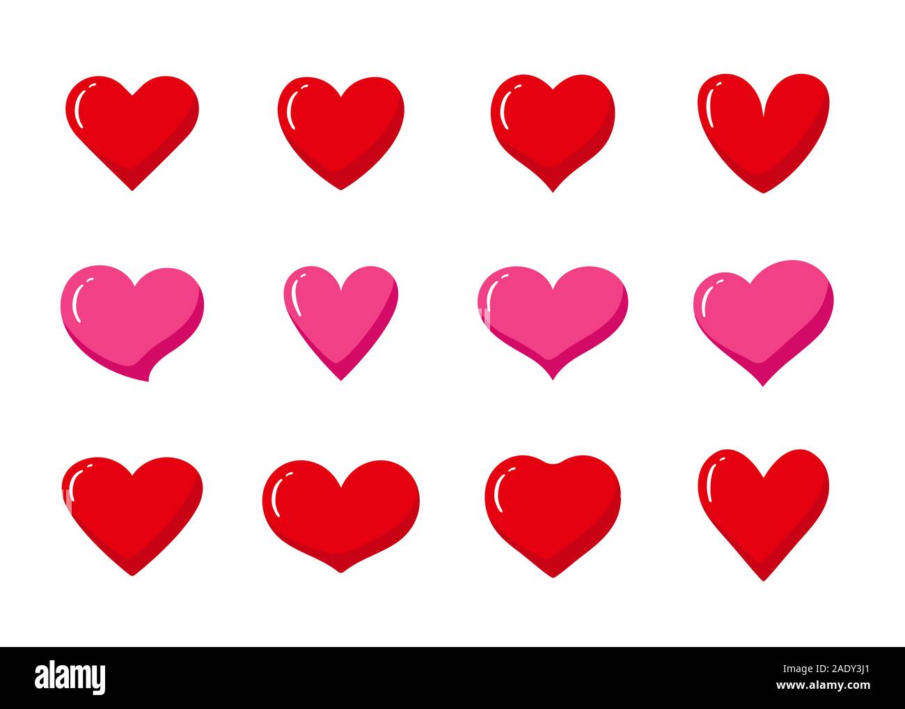 Set of red and pink heart shaped symbols. Collection of different ...