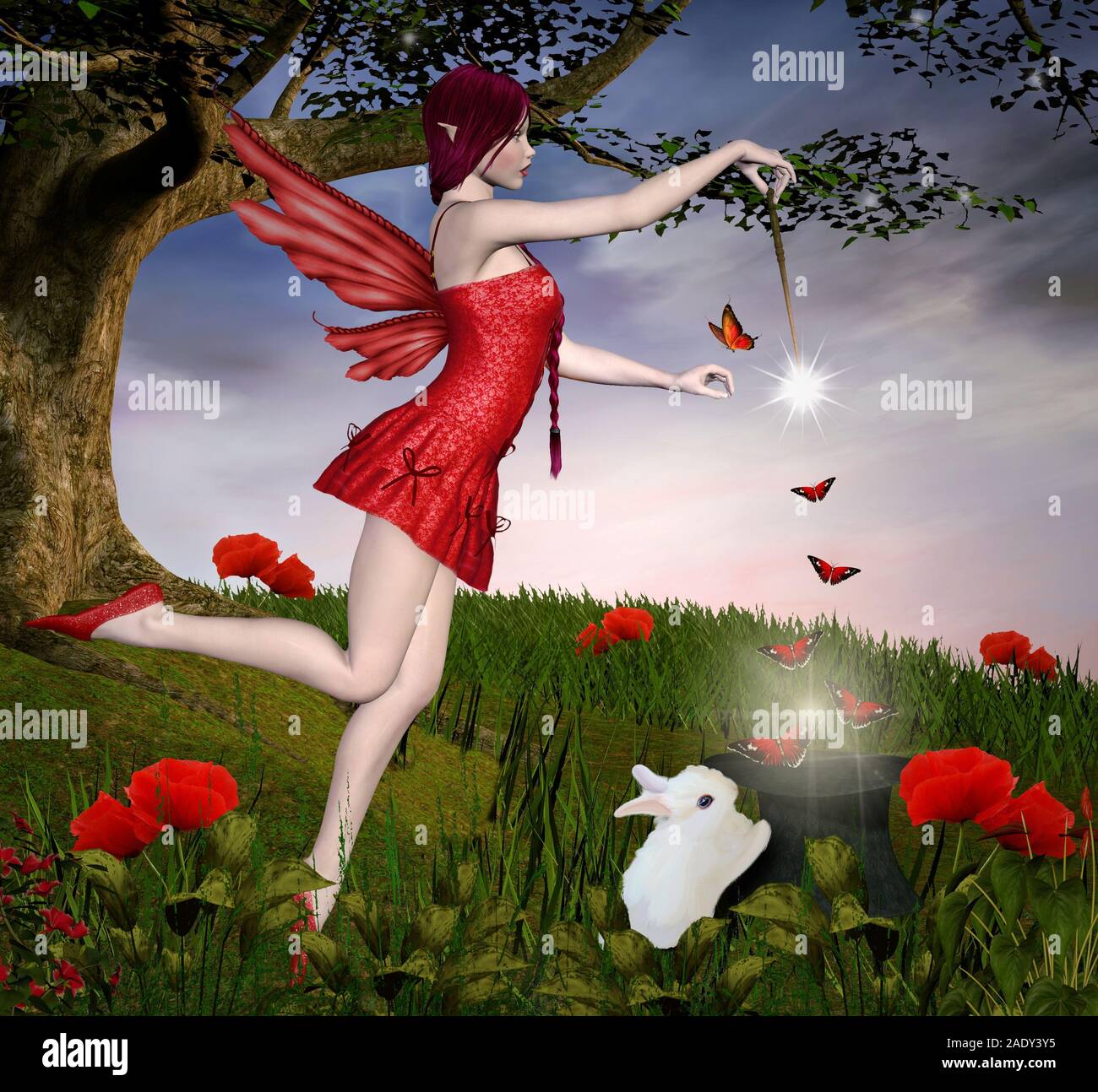 Lovely elf in red dress with a magic wand in her hand Stock Photo - Alamy