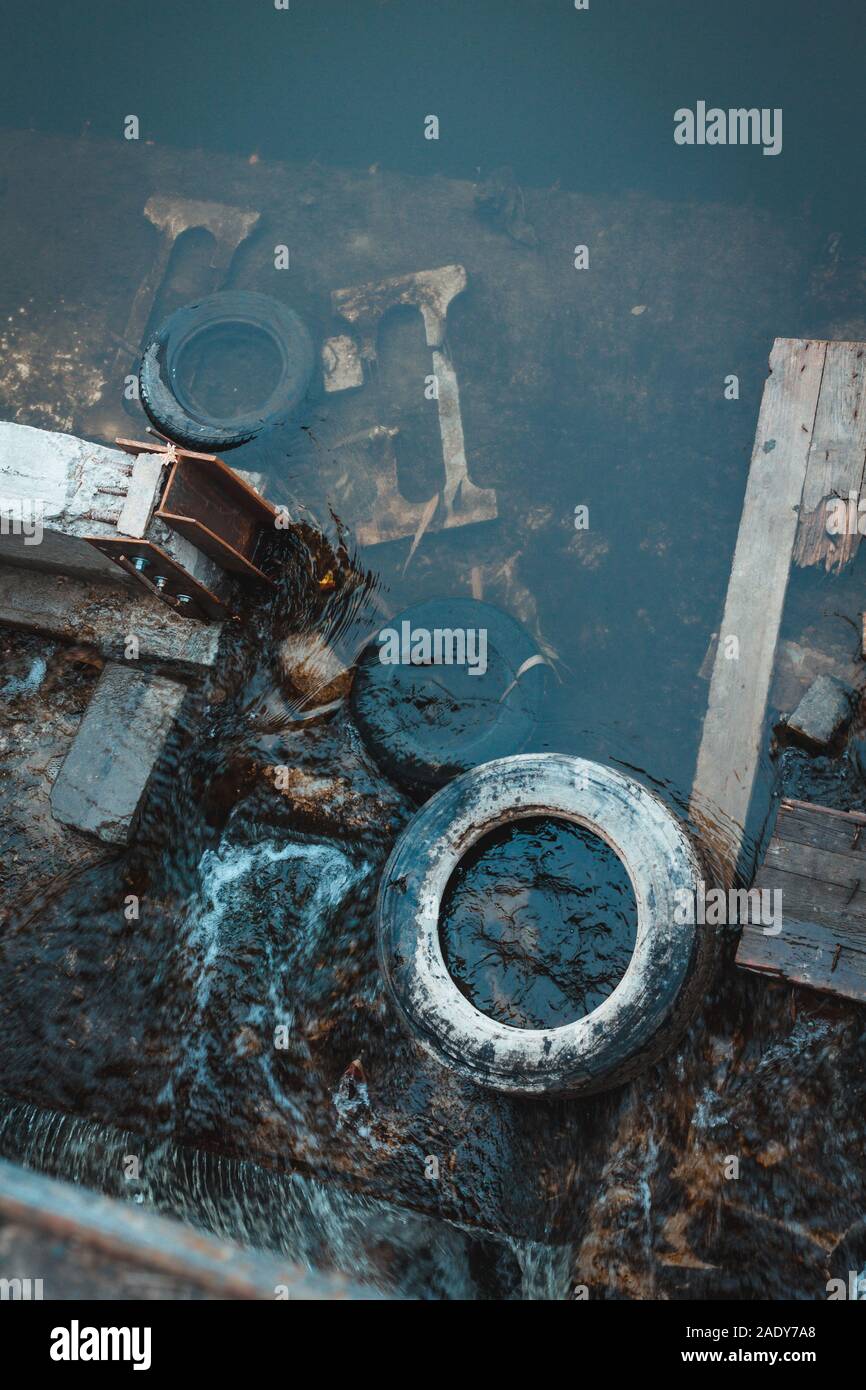 Water pollution with congestion in the riverbed. Urban garbage global ...