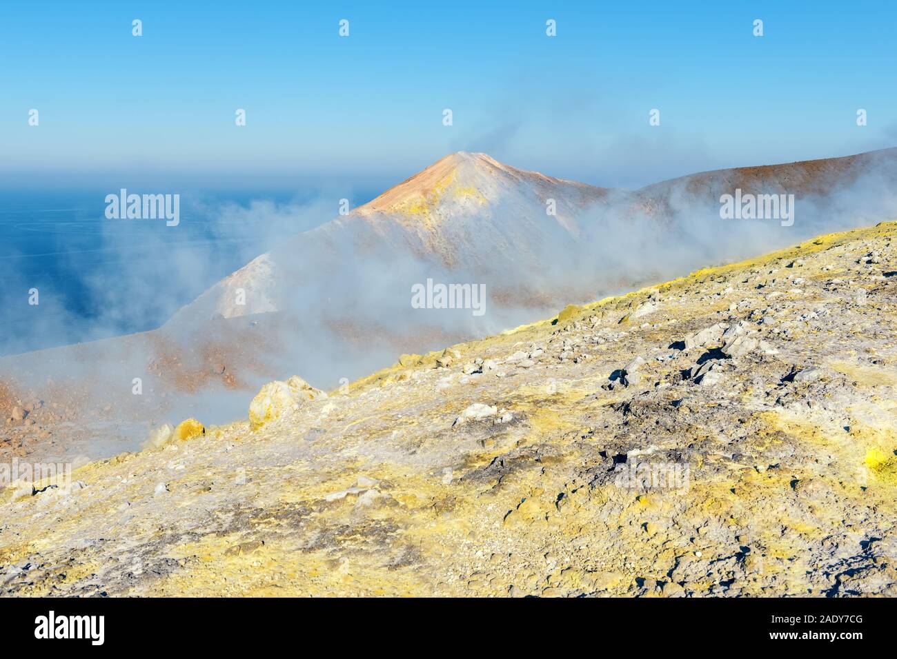 sulphur fumaroles on the top of the volcano crater in vulcano, aeolian ...