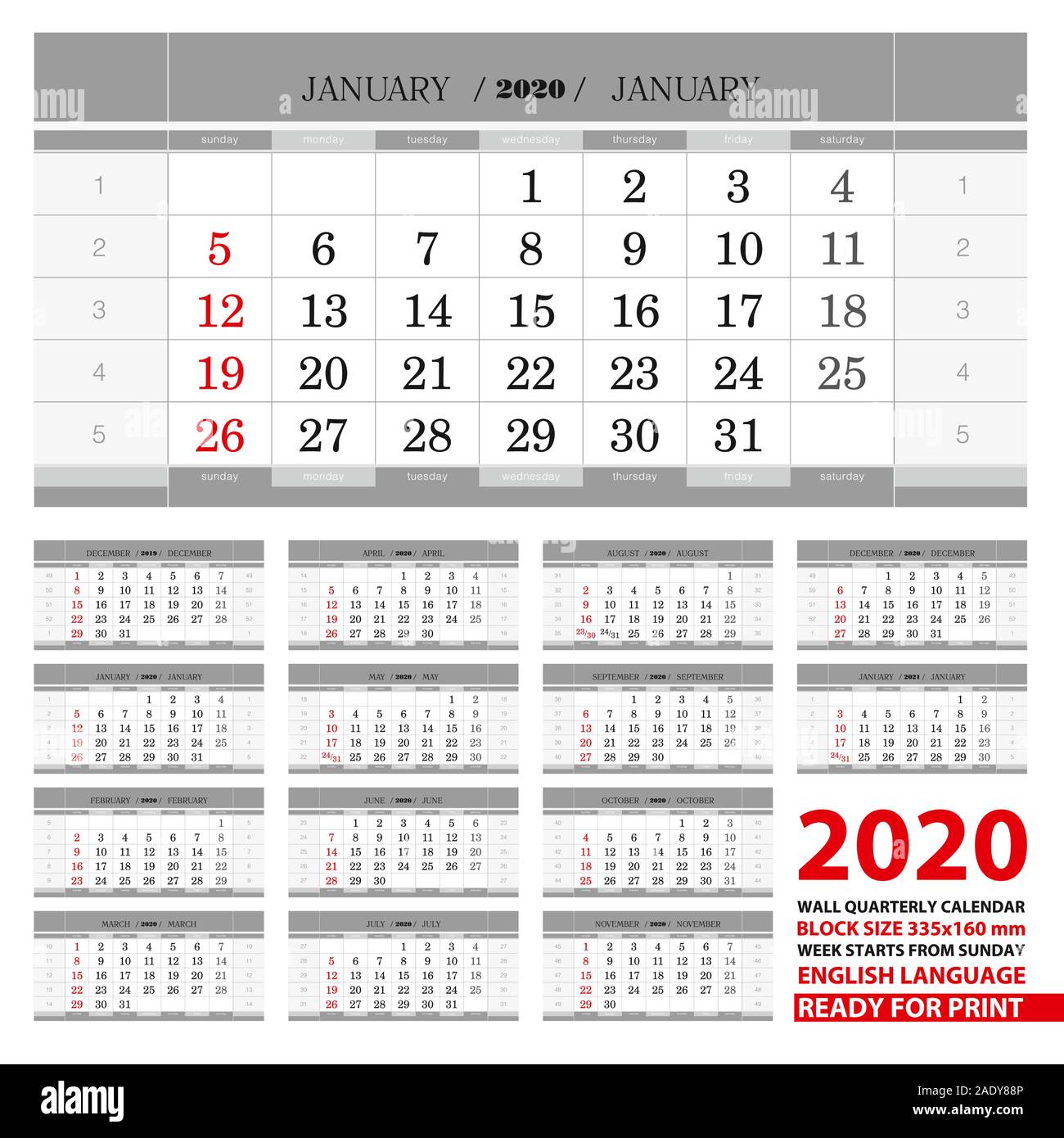 2020 Wall calendar in English languages. Week start from Sunday. Vector ...