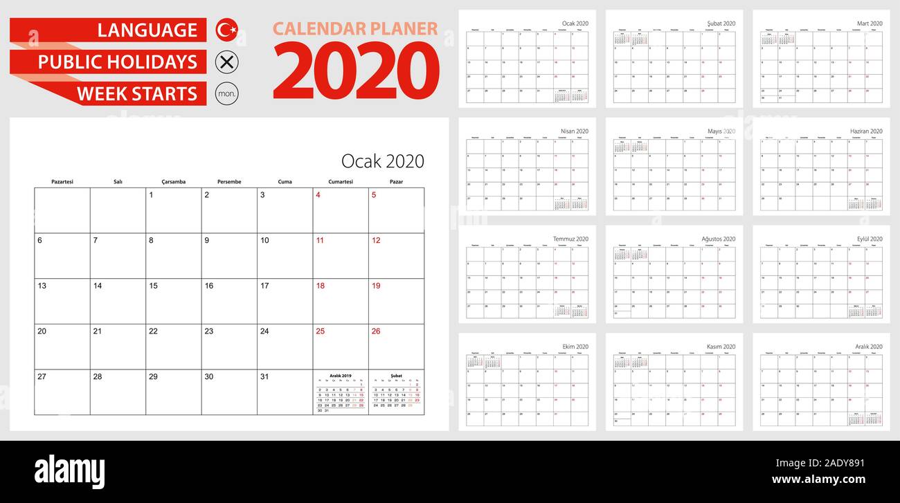 Turkish calendar planner for 2020. Turkish language, week starts from ...