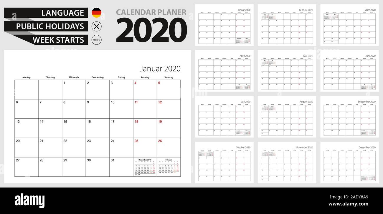 German calendar planner for 2020. German language, week starts from ...