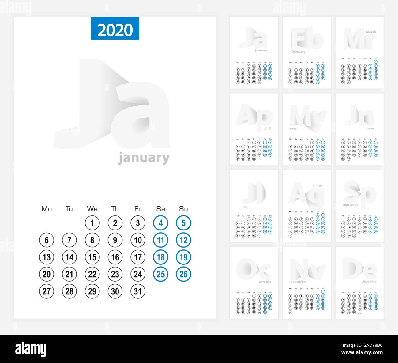 Calendar 2020, blue circle design. English language, week starts on ...