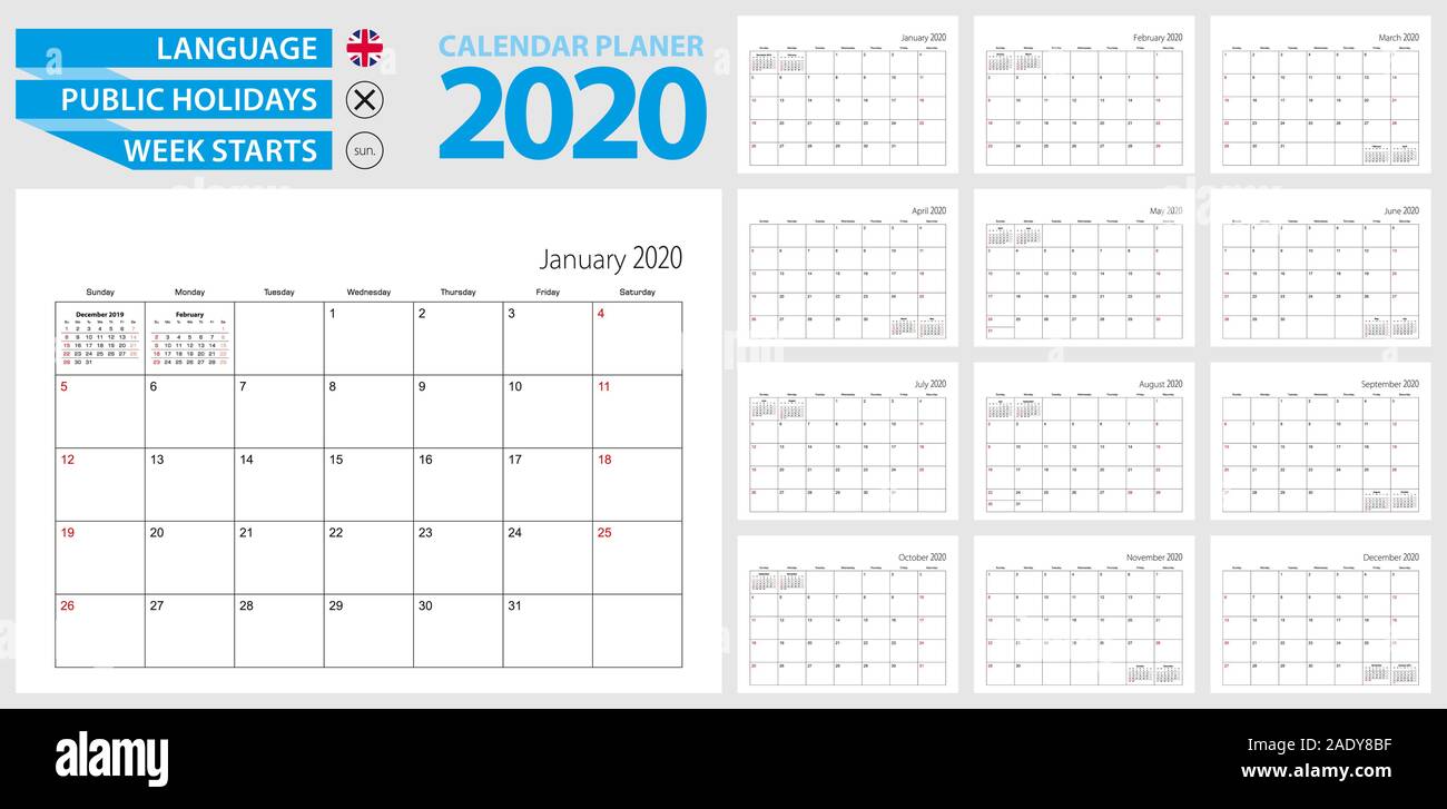 Wall calendar planner for 2020. English language, week starts from ...