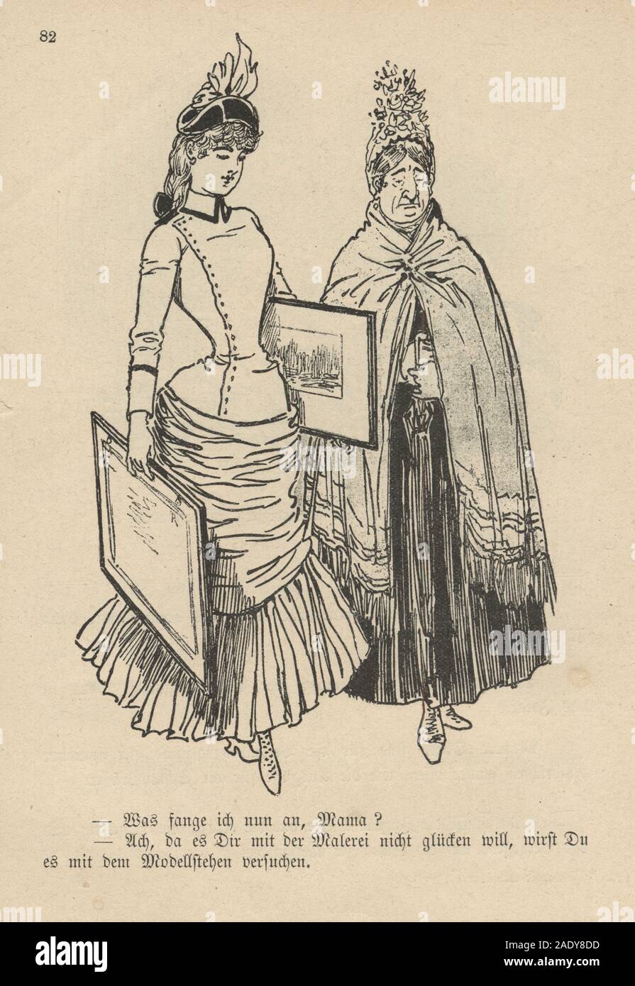 Vintage victorian german cartoon, young woman and her mother buying ...