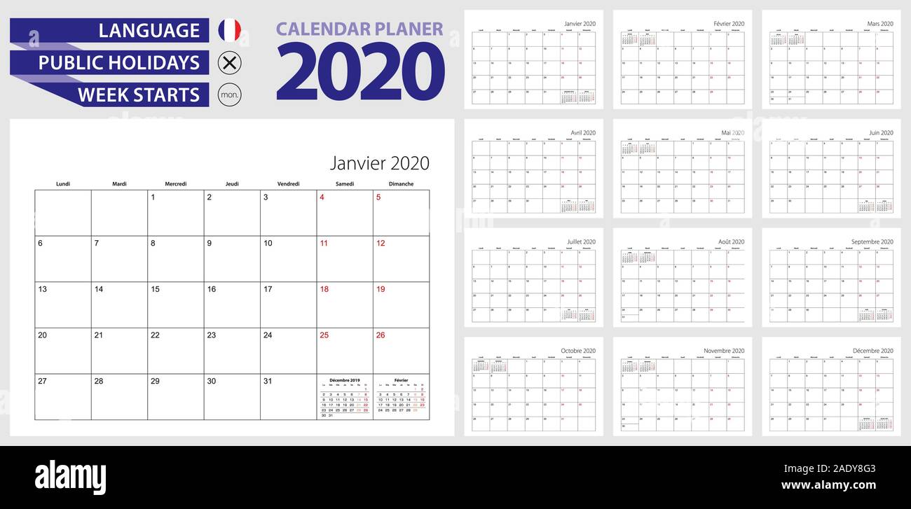 French calendar planner for 2020. French language, week starts from ...