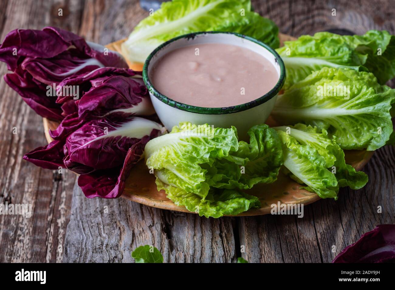 Fresh baby radicchio and lettuce with white bean salad dressing and ...