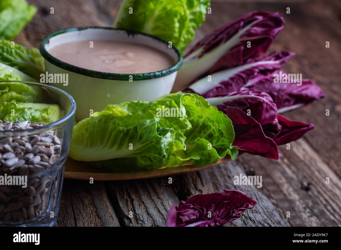 Fresh baby radicchio and lettuce with white bean salad dressing and ...