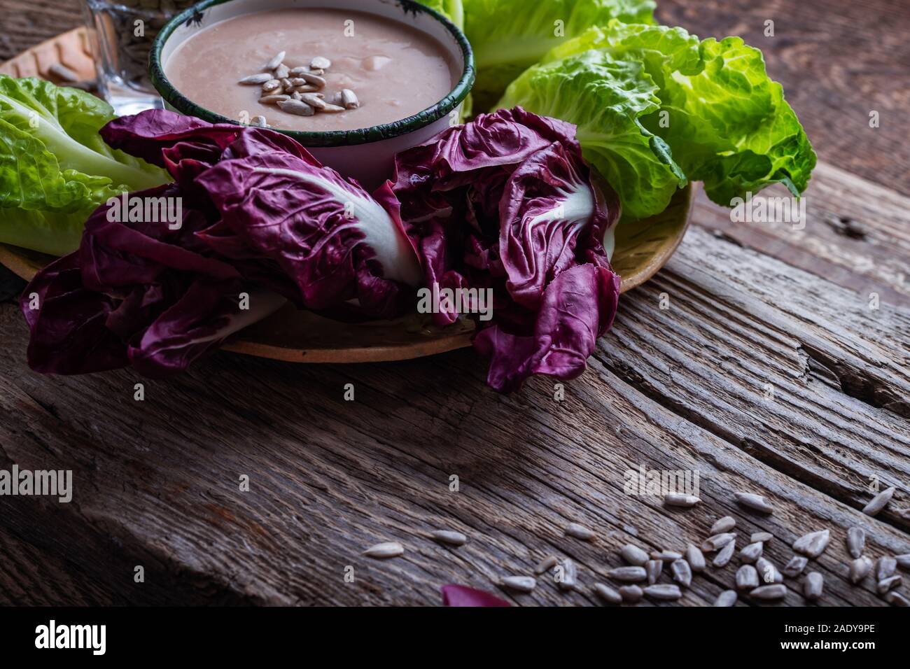 Fresh baby radicchio and lettuce with white bean salad dressing and ...
