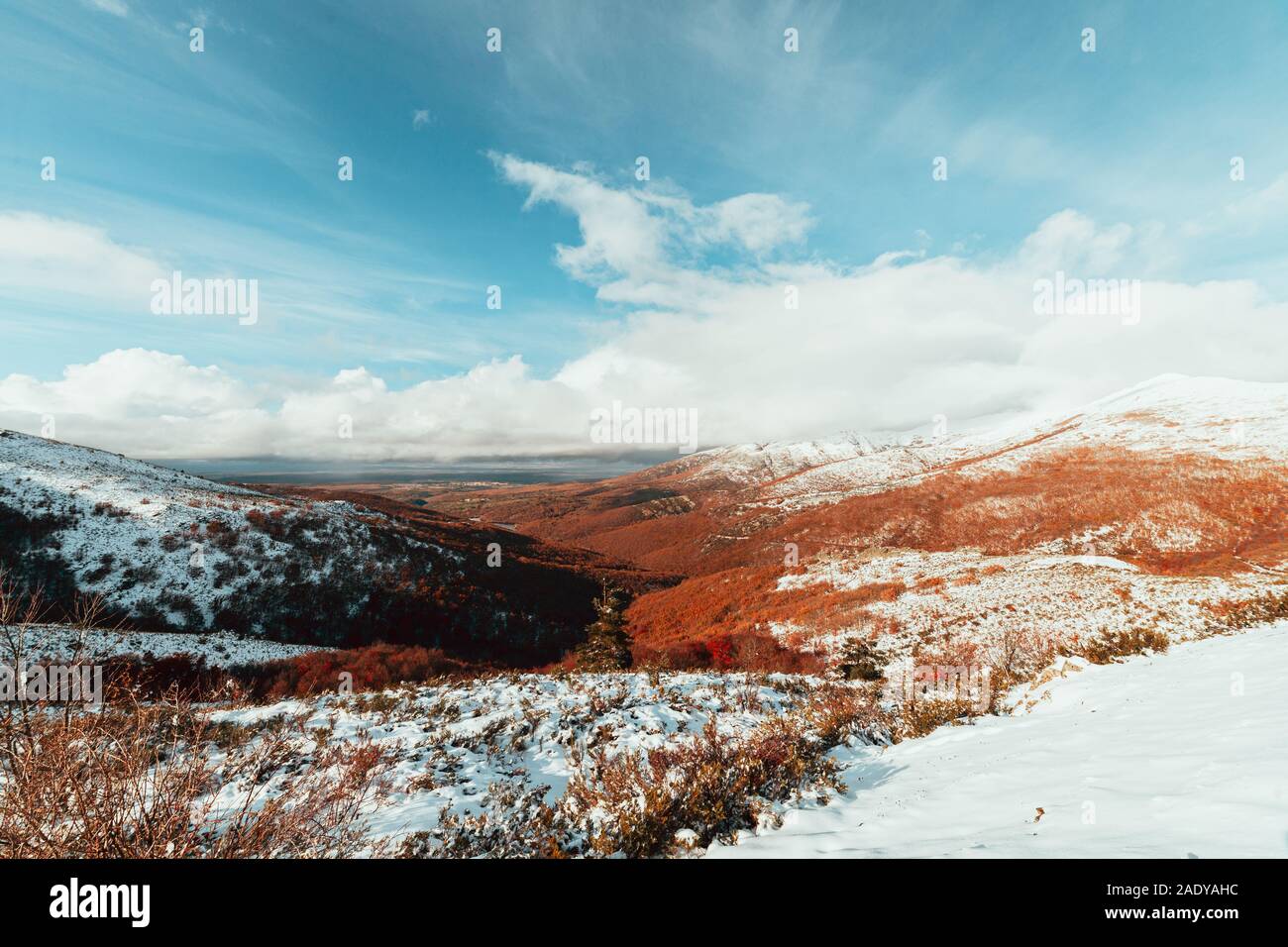 Views of winter valley and river from snowy mountain Stock Photo - Alamy