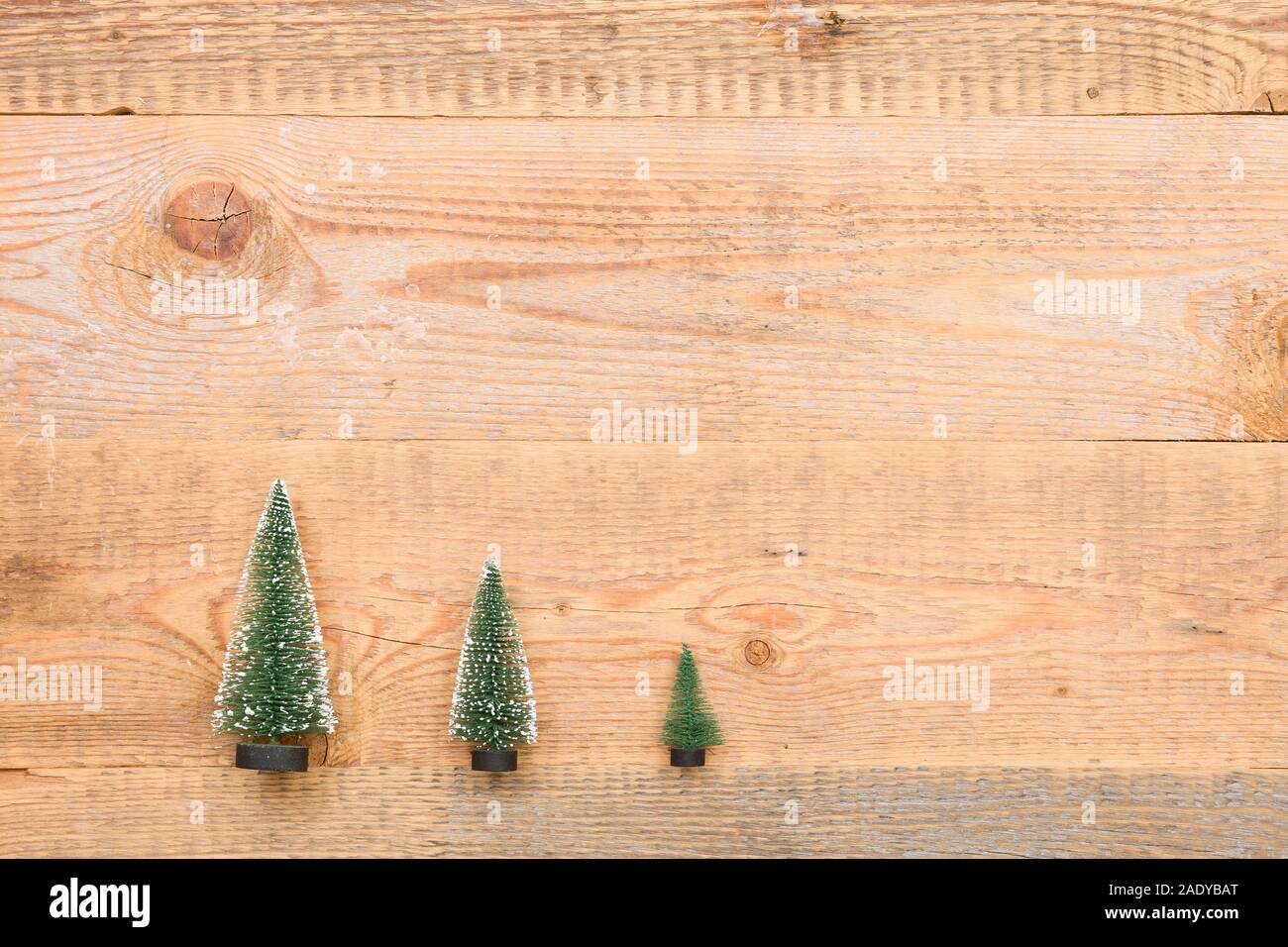 Top view on three little Christmas trees on wooden background. Holidays ...