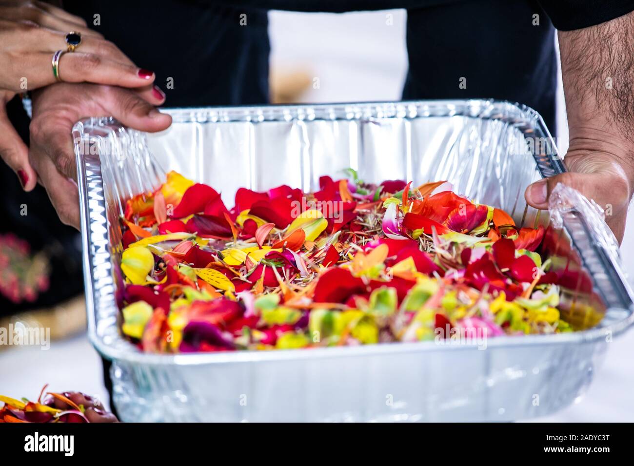 Indian sikh traditional ceremony ritual items, donation box, hands ...