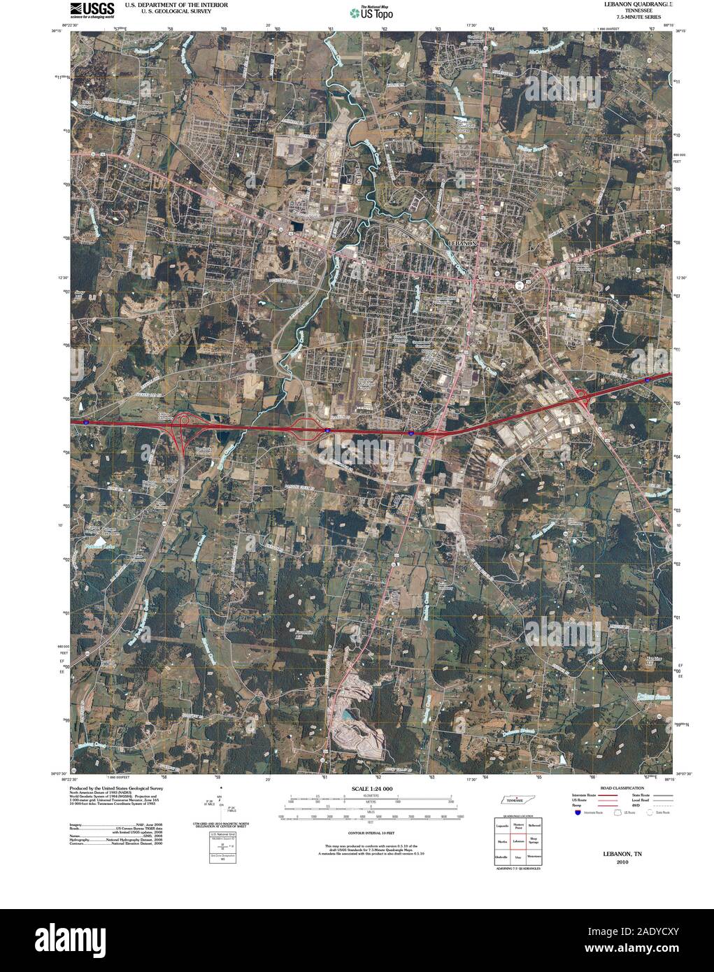 USGS TOPO Map Tennessee TN Lebanon 20100427 TM Restoration Stock Photo ...