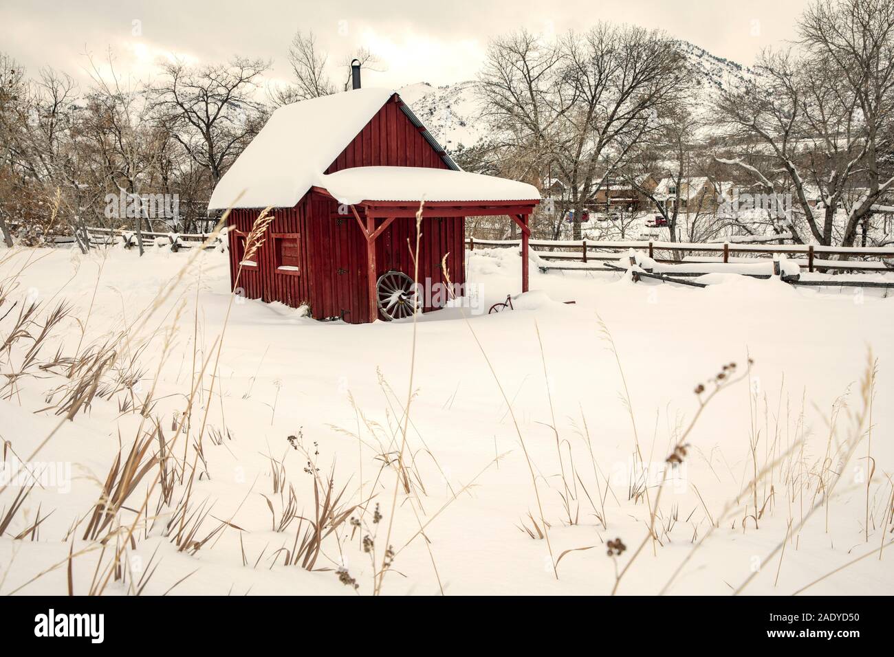 Snow-covered red barn in Golden History Park, Golden, Colorado, USA ...