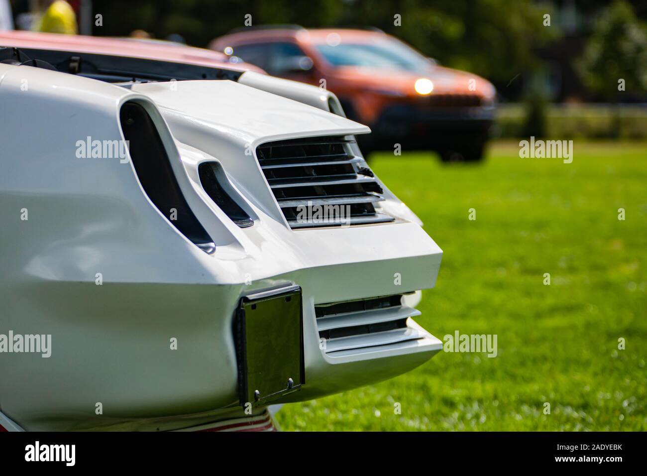 Classic American white muscle fast car front with Sharp features, on ...