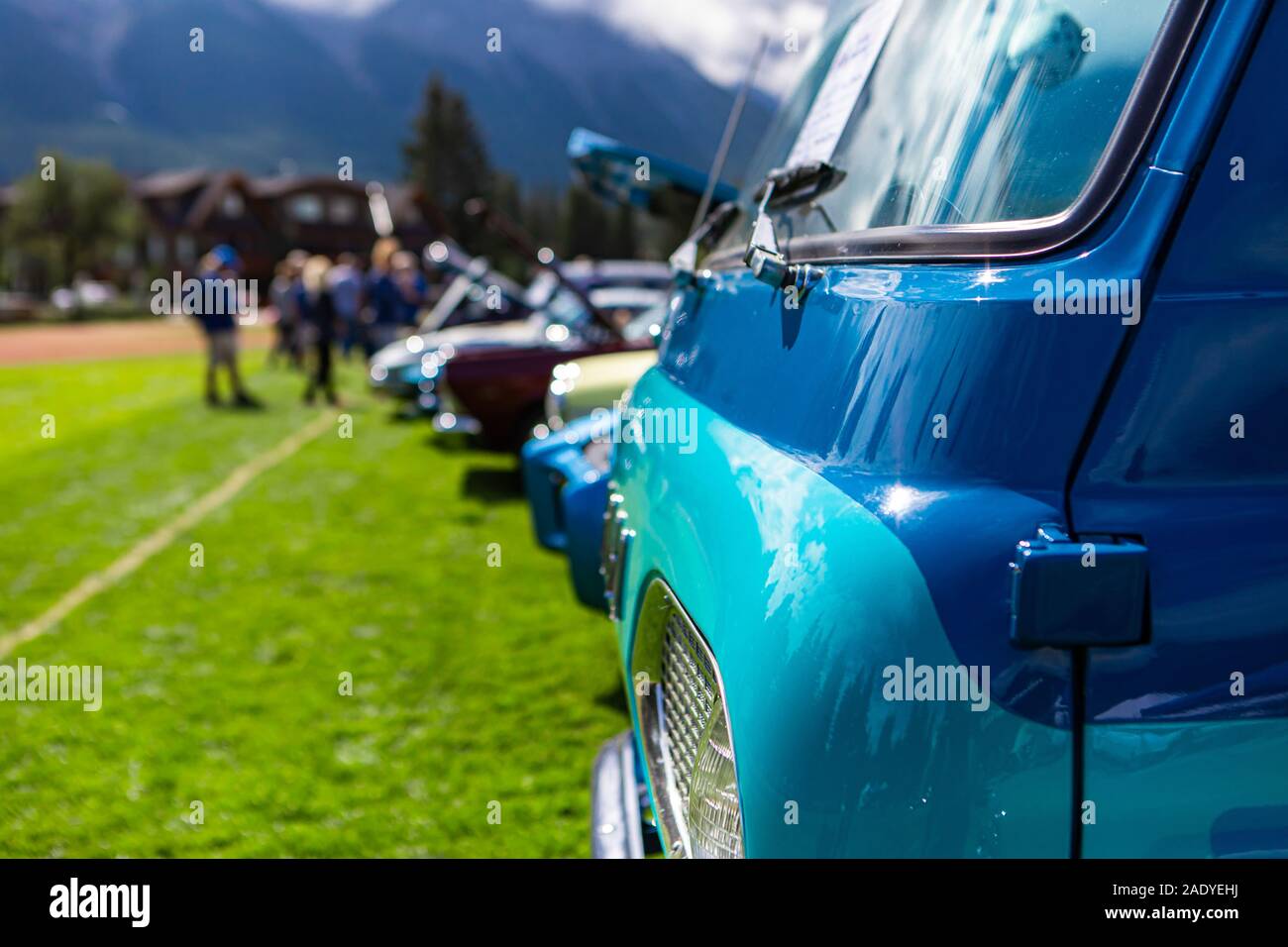 Old Vintage Classic American turquoise blue van car front, side view ...