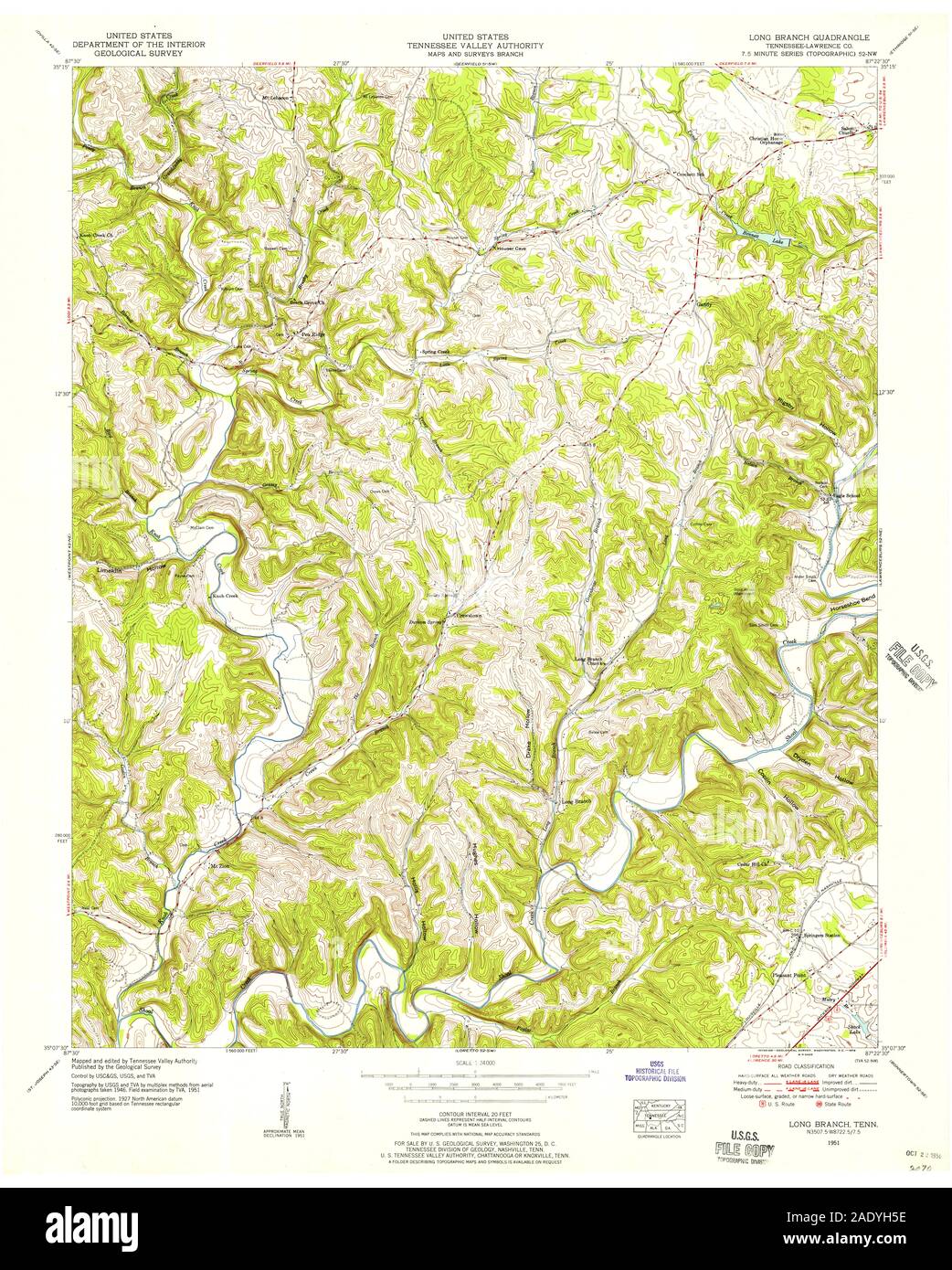 USGS TOPO Map Tennessee TN Long Branch 149988 1951 24000 Restoration ...