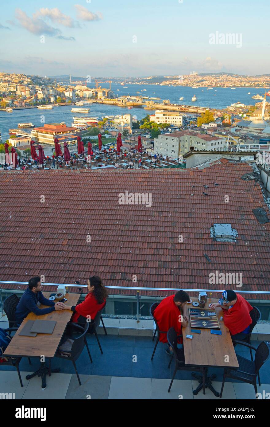 Istanbul, Turkey - September 7th 2019. Customers at a rooftop bar enjoy ...